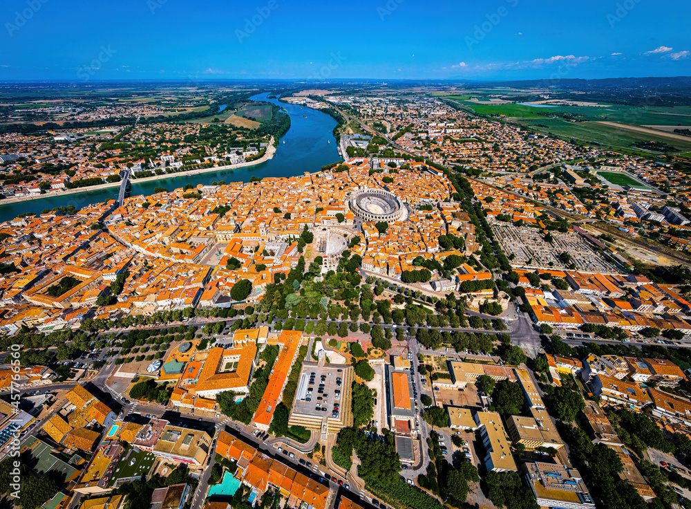 The aerail view of Arles, a city on the Rhône River in the Provence ...