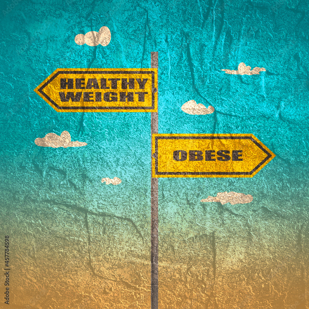 Road signs with healthy weight and obese text pointing in opposite ...