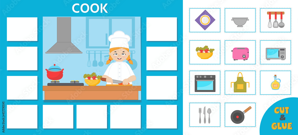 Educational game for kids. Puzzle. Learning cards. Professions. Chef in ...