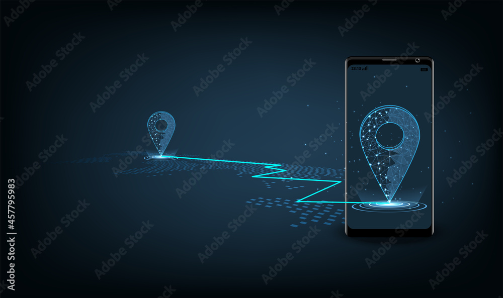 GPS pin form lines blue color on dark blue background. Smartphone map navigation application ...