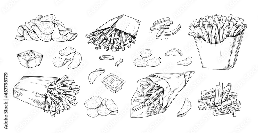 Fried potato. Hand drawn French fries. Vegetable dips and chips ...
