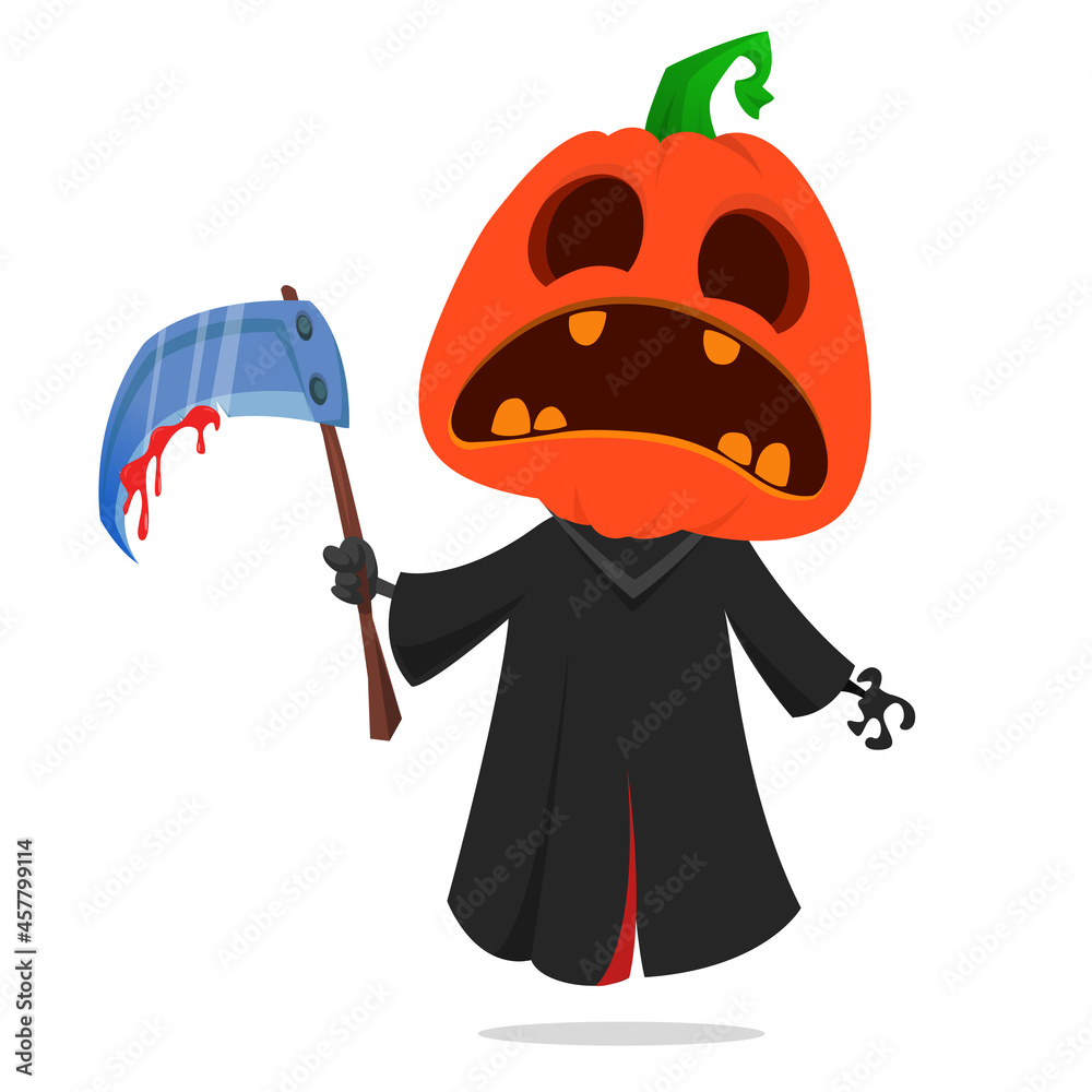 Grim reaper pumpkin head cartoon character with scythe. Halloween jack ...