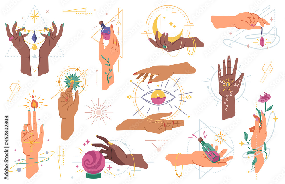 Magic hands holding flowers, ball crystal, moon and compass rose of ...