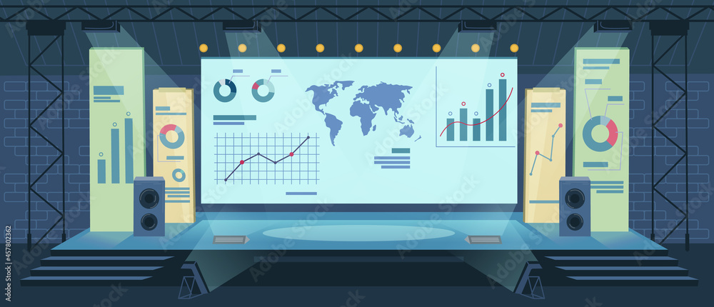 Interior of presentation room, screen with charts and graphs ...