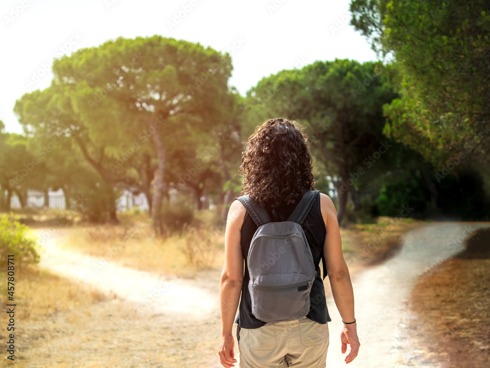 Woman choosing to take a light path or a dark path in a forest. Concept ... Woman choosing to take a light path or a dark path in a forest. Concept ...