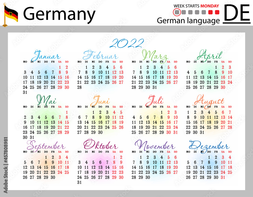 German horizontal pocket calendar for 2022. Week starts Monday Stock ...