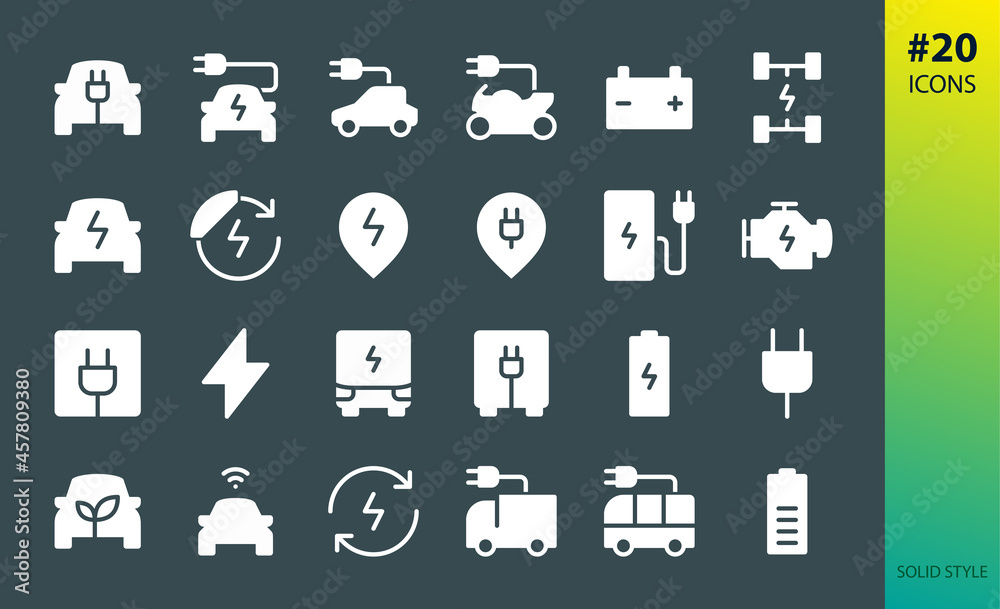 Electric eco car solid icon set. Set of e car, electric truck, bus ...