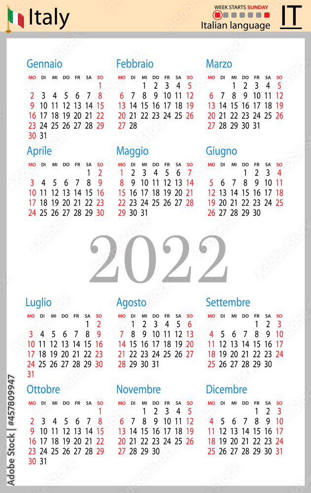 Italian vertical pocket calendar for 2022. Week starts Sunday Stock ...
