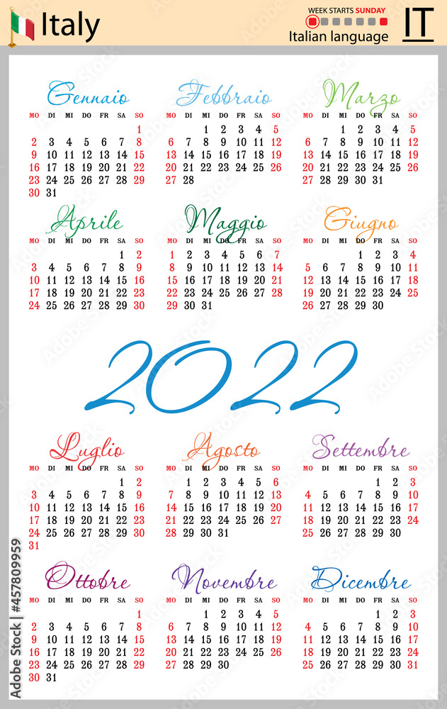 Italian vertical pocket calendar for 2022. Week starts Sunday Stock ...