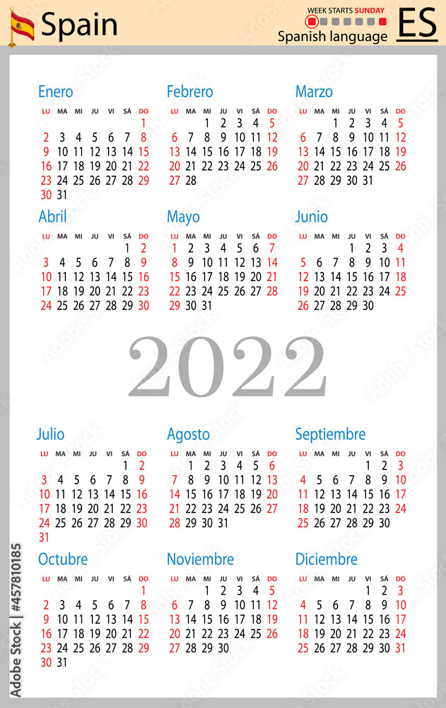 Spanish vertical pocket calendar for 2022. Week starts Sunday Stock ...