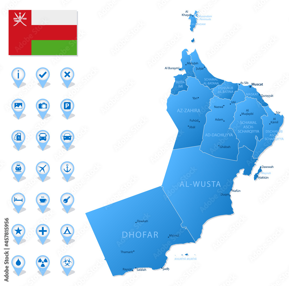 Blue map of Oman administrative divisions with travel infographic icons ...