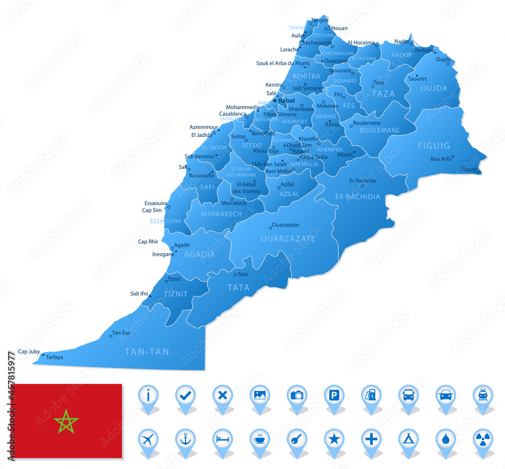 Blue map of Morocco administrative divisions with travel infographic ...