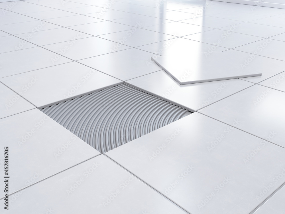 Laying tiles concept. Laying the ceramic tile on the floor - 3d ...