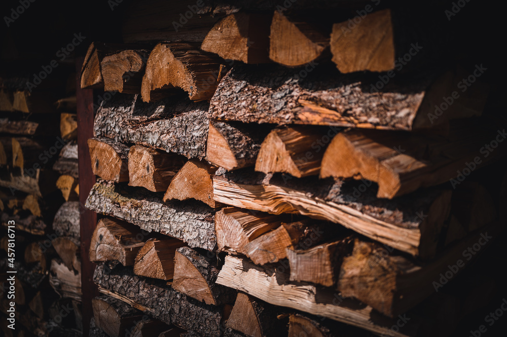 Wooden natural sawn logs as background, top view, flat lay. Wood ...