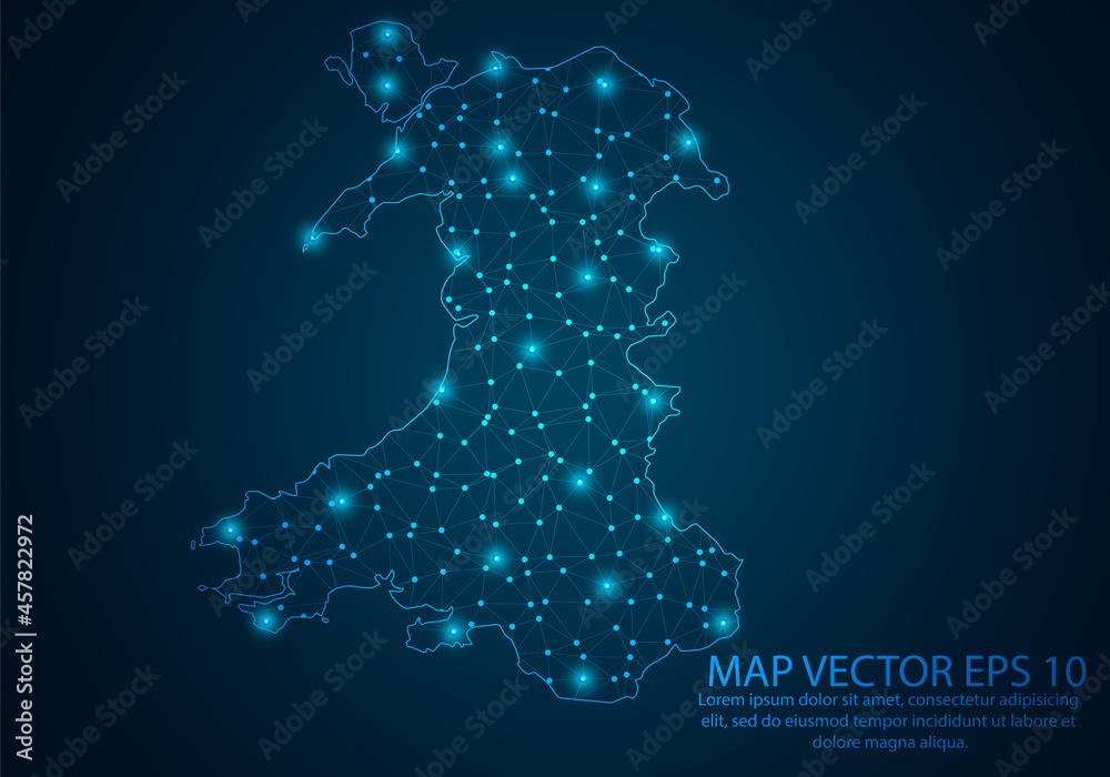 Abstract mash line and point scales on dark background with map of ...