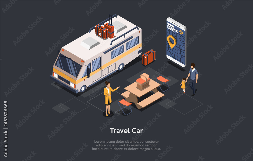 Travel Car Rental Concept Design. Isometric Composition, Cartoon 3D ...