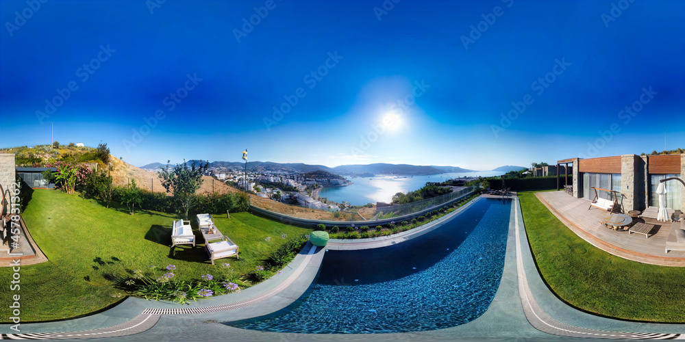 360 panorama of apartment buildings, modern villa pool and beautiful ...