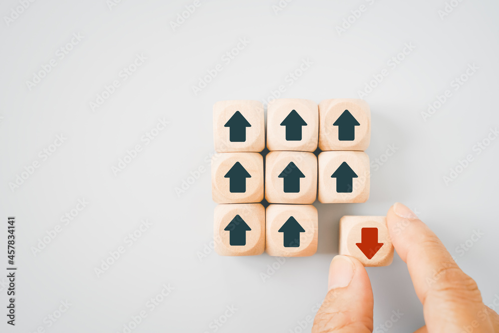 hand take out down arrow icon and leaf up arrow icon for business ...