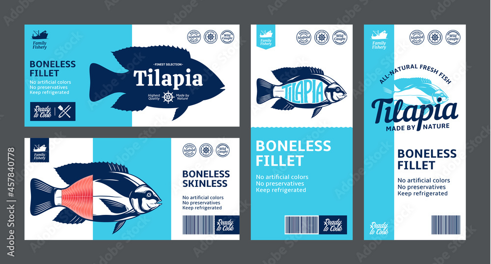 Vector tilapia labels and packaging design concepts. Tilapia fish ...