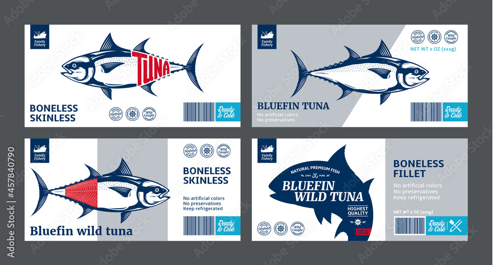 Vector tuna labels and packaging design concepts. Tuna fish ...