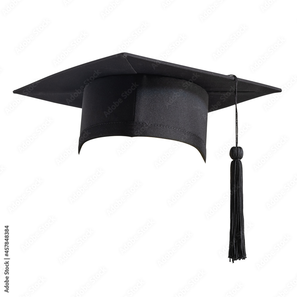 Graduation hat, academic cap or Mortarboard in black isolated on white ...