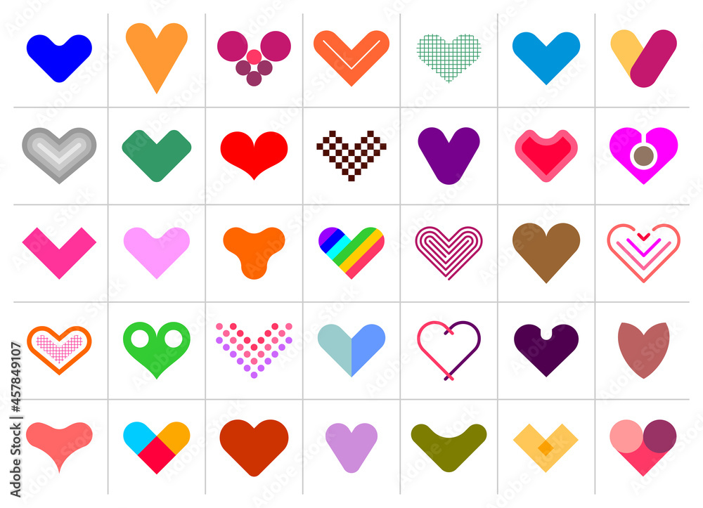 Colored Hearts vector icons isolated on a white background, set of ...