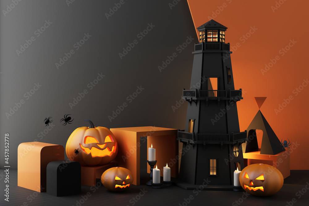 Halloween concept in the lighthouse with the lights on with glowing ...