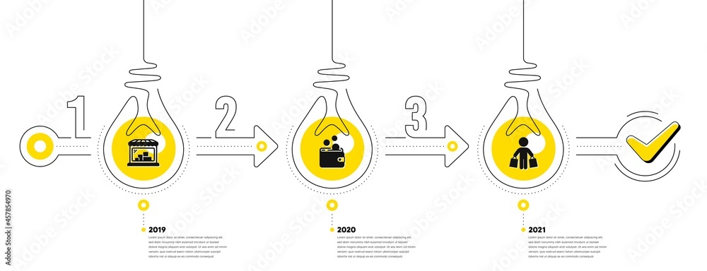 Trade Infographic timeline with 3 steps. Shopping process diagram with ...