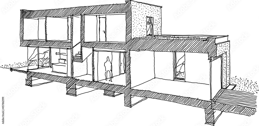 hand drawn architectural sketch of cross section through a modern ...