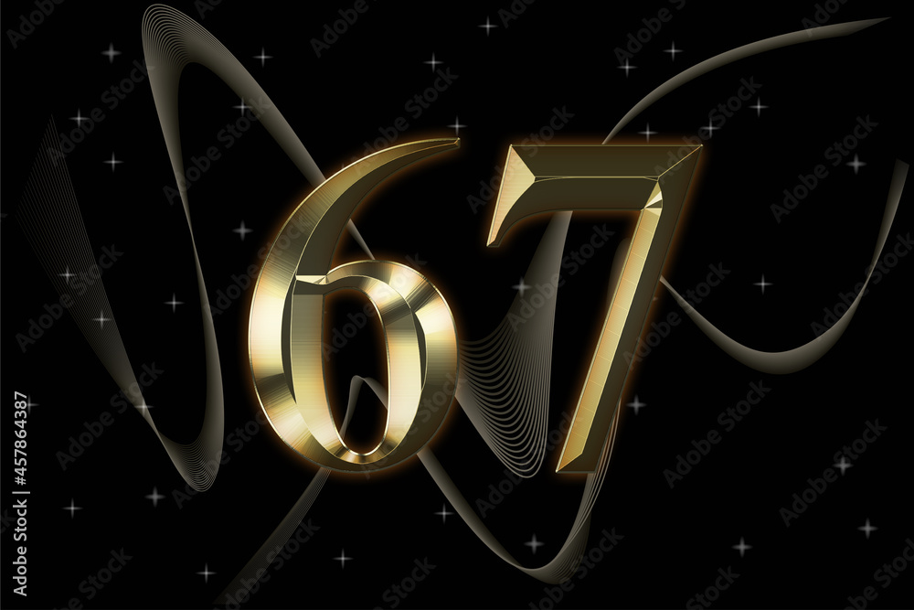 Golden luxury number 67 isolated on black background with gold accents ...