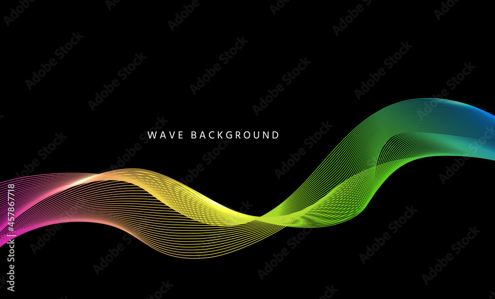 Wave background. Banner with curved flow lines on black. Abstract geometric wavy leaflet. Cool ...