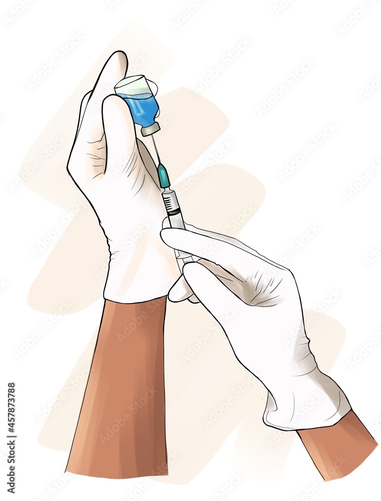 Hand with injection syringe. Colorful illustration in engraving ...