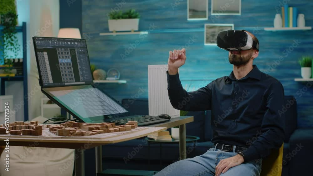 Architect using vr glasses for building model design in architectural ...