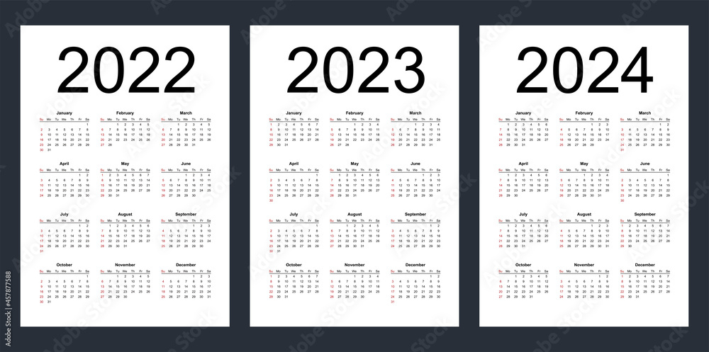 Simple editable vector calendars for year 2022, 2023, 2024. Week starts ...