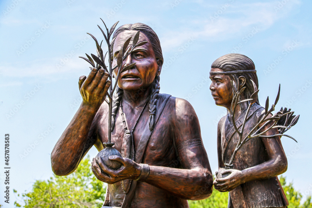 07_20_2021 Tulsa USA Detail close-up of sculpture of Native American ...
