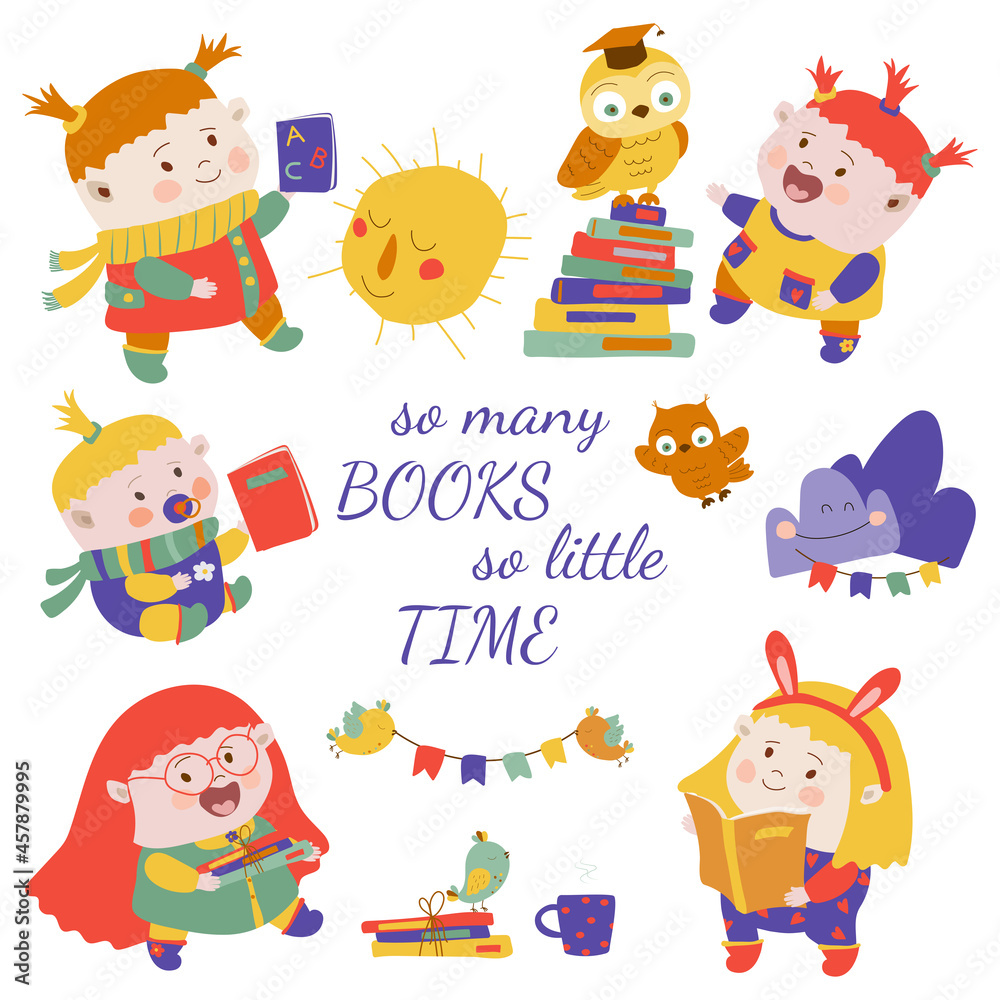 A set of children reading books. Happy children holding books in their ...