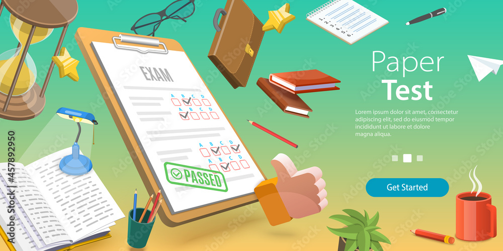 3D Vector Conceptual Illustration of Paper Test, Exam Sheet with Grade ...