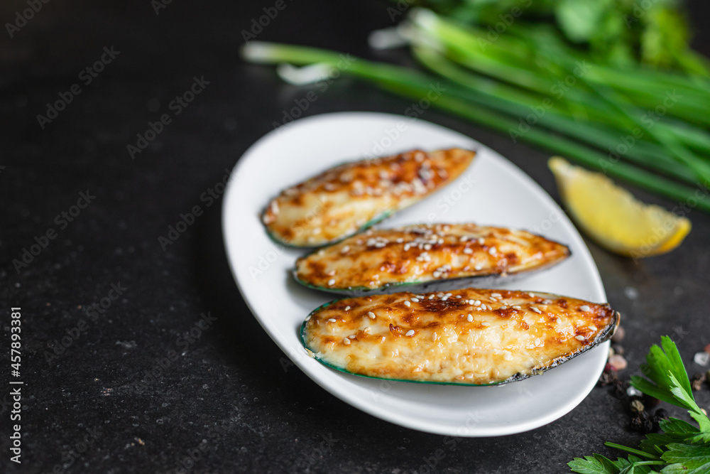 mussels baked cream cheese sauce seafood meal snack on the table copy ...