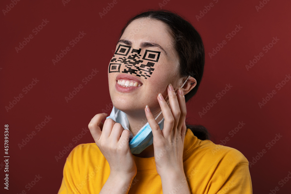 Portrait of a woman with a QR code instead of eyes and nose, removing ...