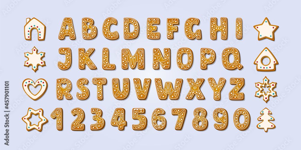 Christmas gingerbread alphabet font and numbers. Winter glazed cookies ...