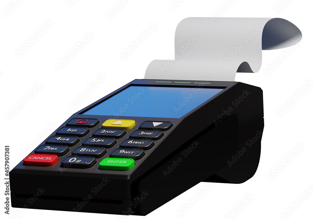 POS terminal close-up. Terminal printing a receipt. Credit card reader is isolated on a white ...
