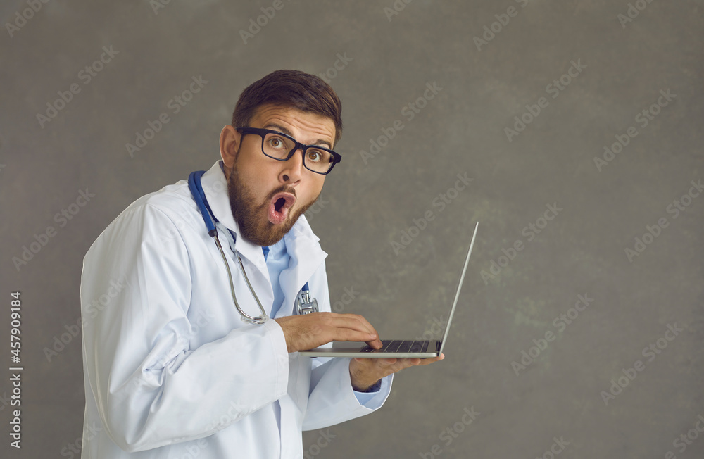 Funny goofy shocked surprised doctor in glasses and white lab coat with ...
