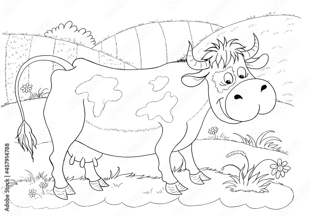 At the farm. A cute cow. Coloring page. Illustration for children. Cute ...
