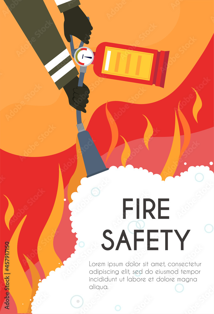 Fire safety concept. Firefighter with fire extinguisher in his hands ...