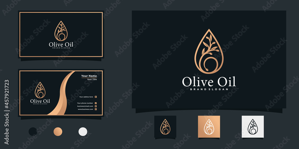 Minimalist Olive oil logo design with olive tree and water drop concept and business card ...