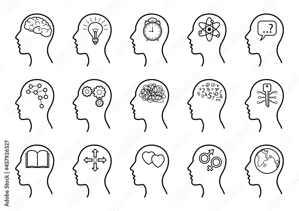 Human head icons set with thinking symbols. Collection of head profile ...