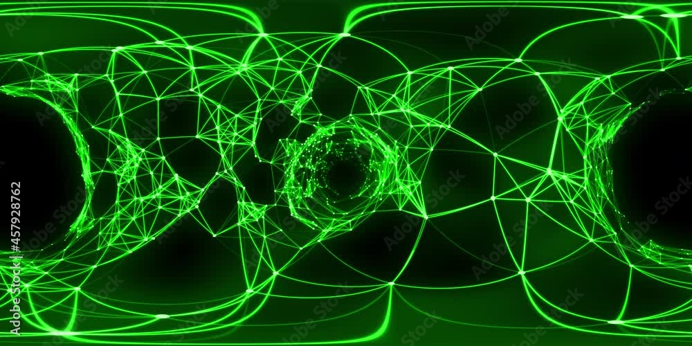 VR360 Flying through digital binary green plexus tunnel made of digital nodes and connection ...