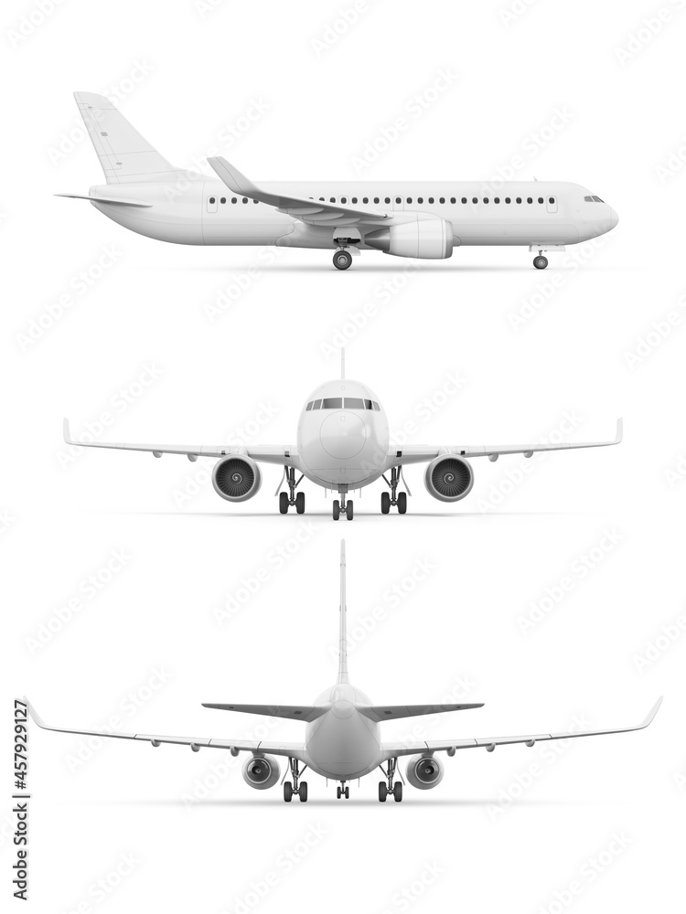 Blank white airplane. Airliner in side, front and back view isolated ...