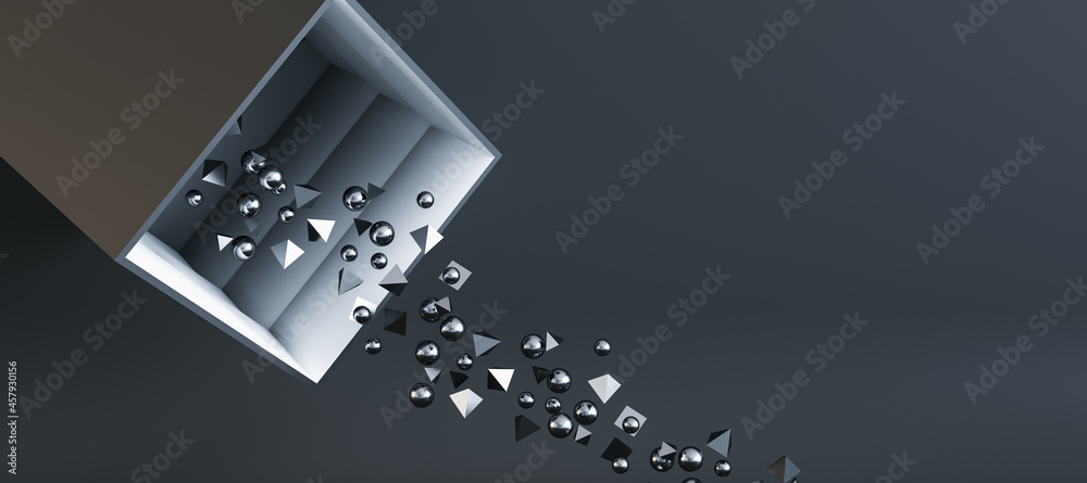 Abstract round and triangular silver particles falling out of box on ...