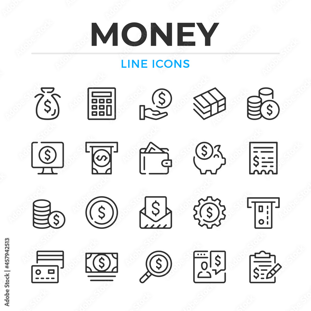 Money line icons set. Modern outline elements, graphic design concepts ...